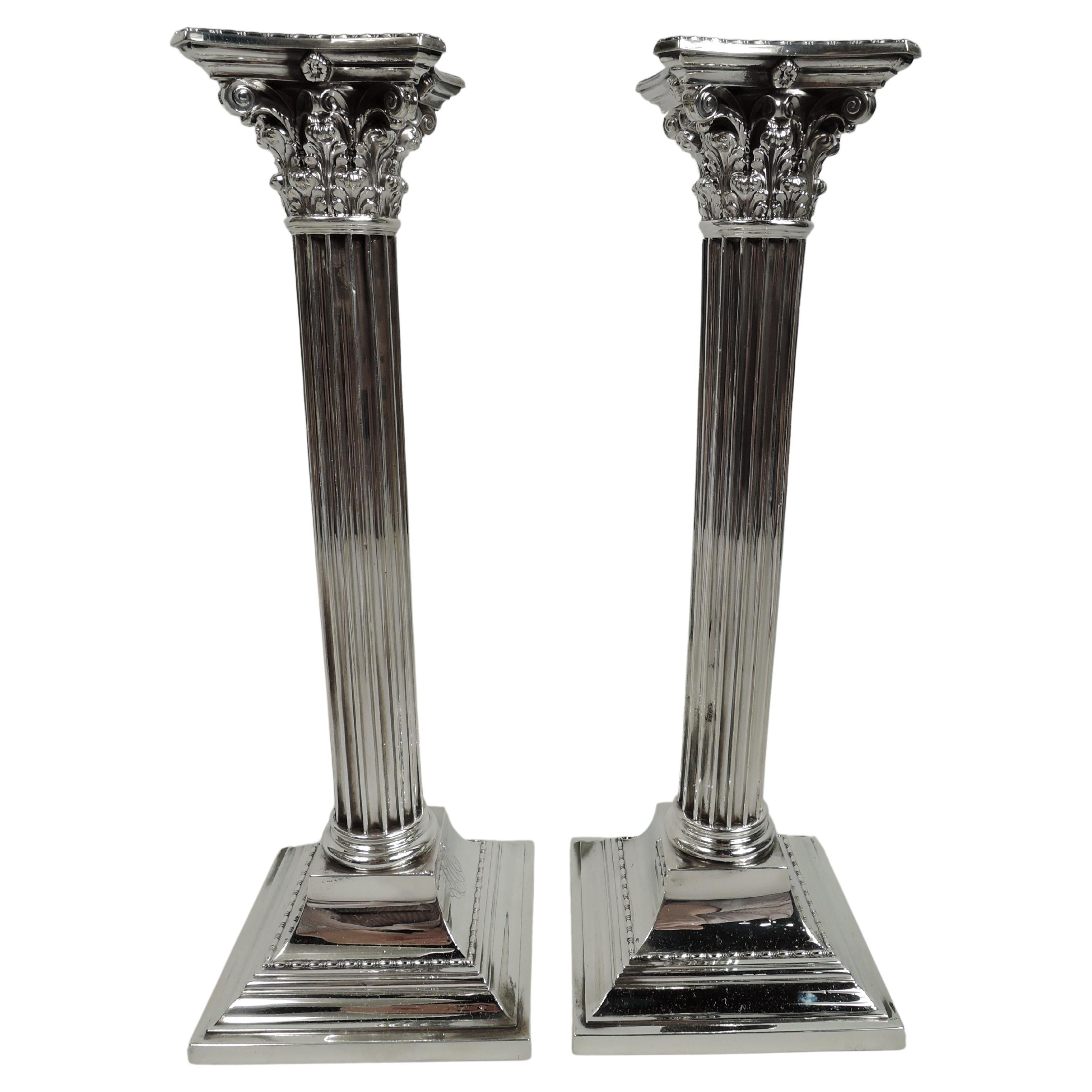 Edwardian Pair of Sterling Silver Corinthian Column Candlesticks at 1stDibs