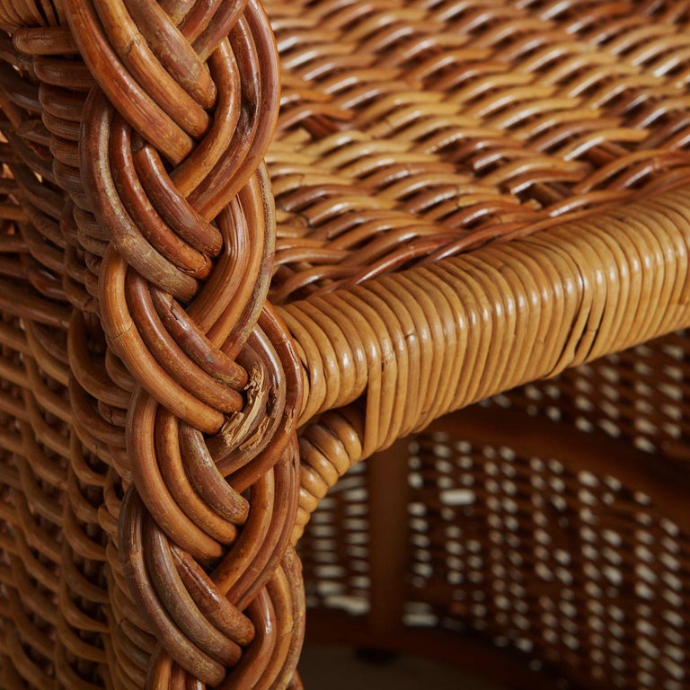 Pair of Wicker + Cane Barrel Bar Stools, 20th Century For Sale at 1stDibs