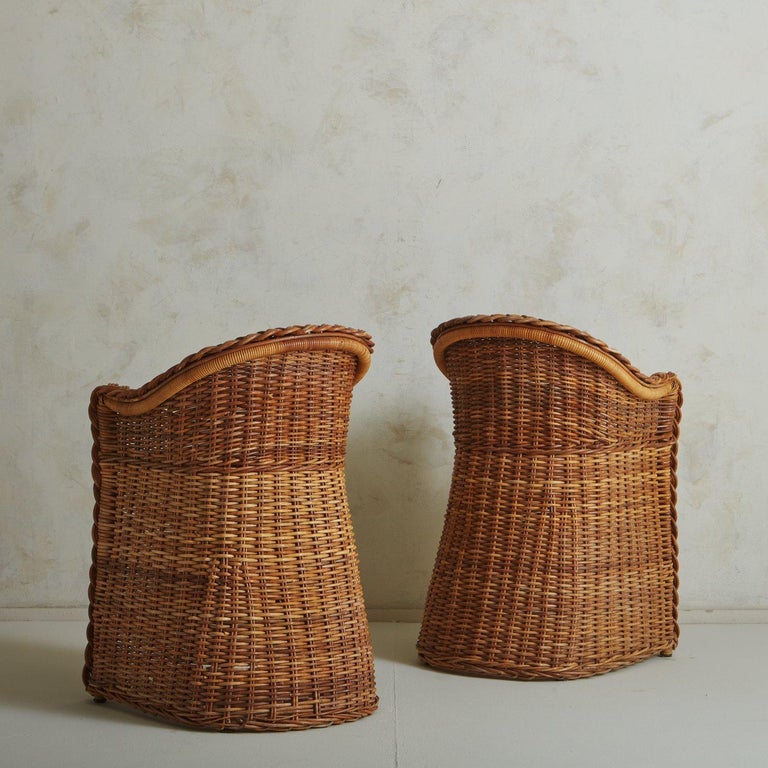 Pair of Wicker + Cane Barrel Bar Stools, 20th Century For Sale at 1stDibs