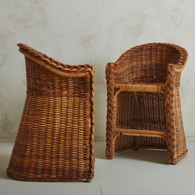 Pair of Wicker + Cane Barrel Bar Stools, 20th Century For Sale at 1stDibs