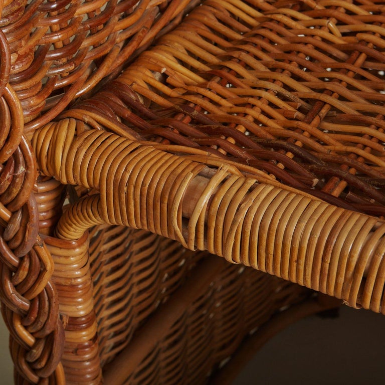 Pair of Wicker + Cane Barrel Bar Stools, 20th Century For Sale at 1stDibs
