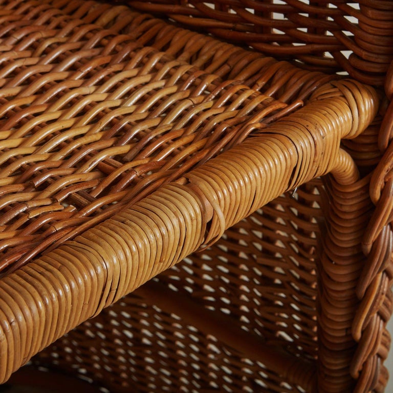 Pair of Wicker + Cane Barrel Bar Stools, 20th Century For Sale at 1stDibs
