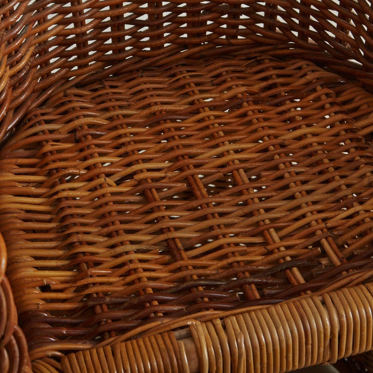 Pair of Wicker + Cane Barrel Bar Stools, 20th Century For Sale at 1stDibs