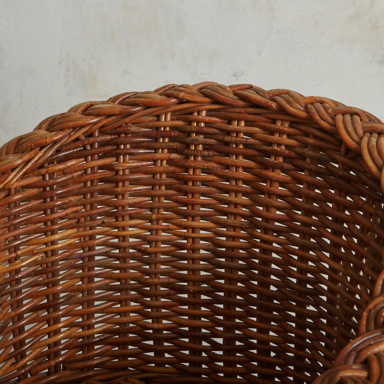 Pair of Wicker + Cane Barrel Bar Stools, 20th Century For Sale at 1stDibs