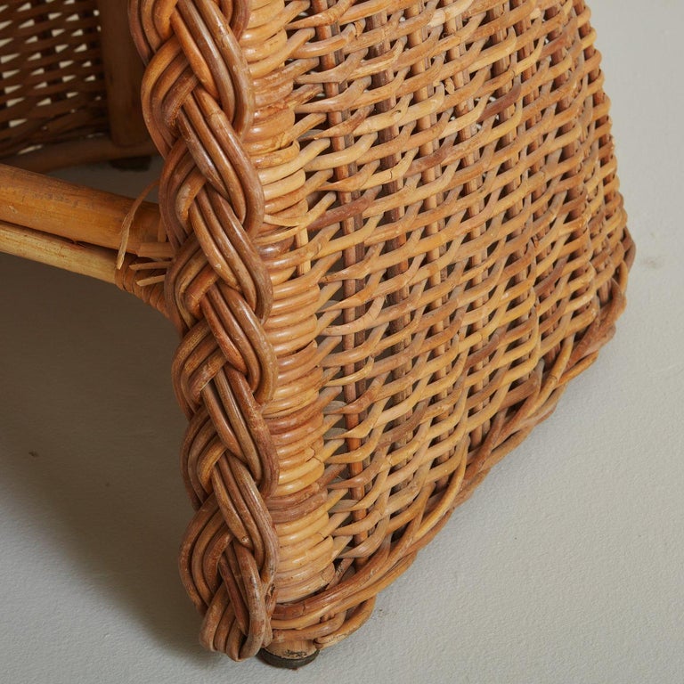 Pair of Wicker + Cane Barrel Bar Stools, 20th Century For Sale at 1stDibs
