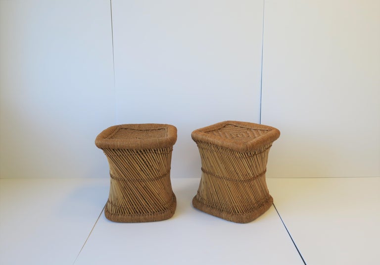 Pair of Wicker Pencil Reed Stools or Benches at 1stDibs