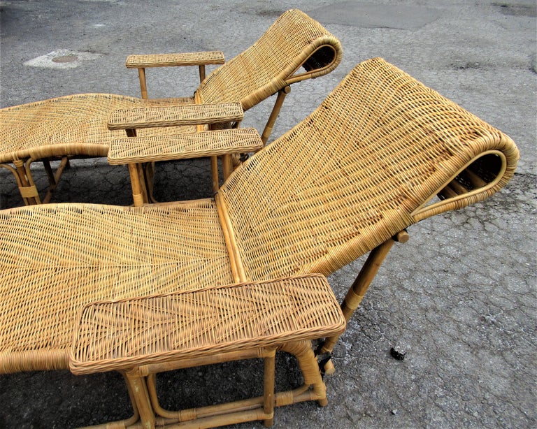 Pair of Wicker Rattan Paddle Arm Reclining Chaise Lounges at 1stDibs