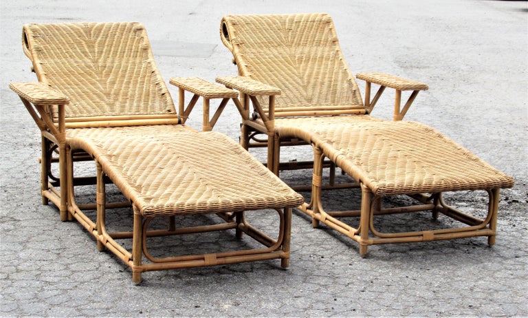 Pair of Wicker Rattan Paddle Arm Reclining Chaise Lounges at 1stDibs ...