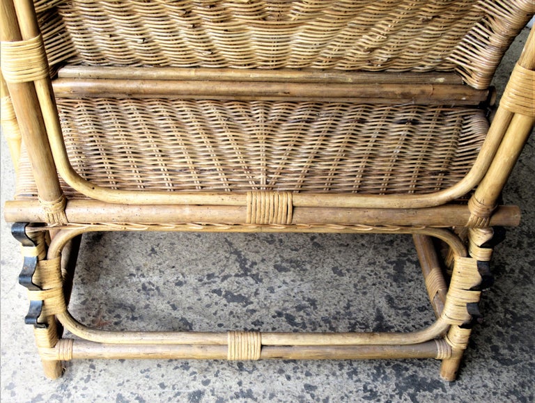 Pair of Wicker Rattan Paddle Arm Reclining Chaise Lounges at 1stDibs