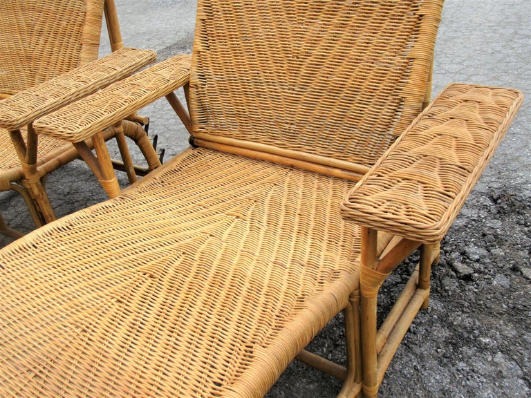 Pair of Wicker Rattan Paddle Arm Reclining Chaise Lounges at 1stDibs ...