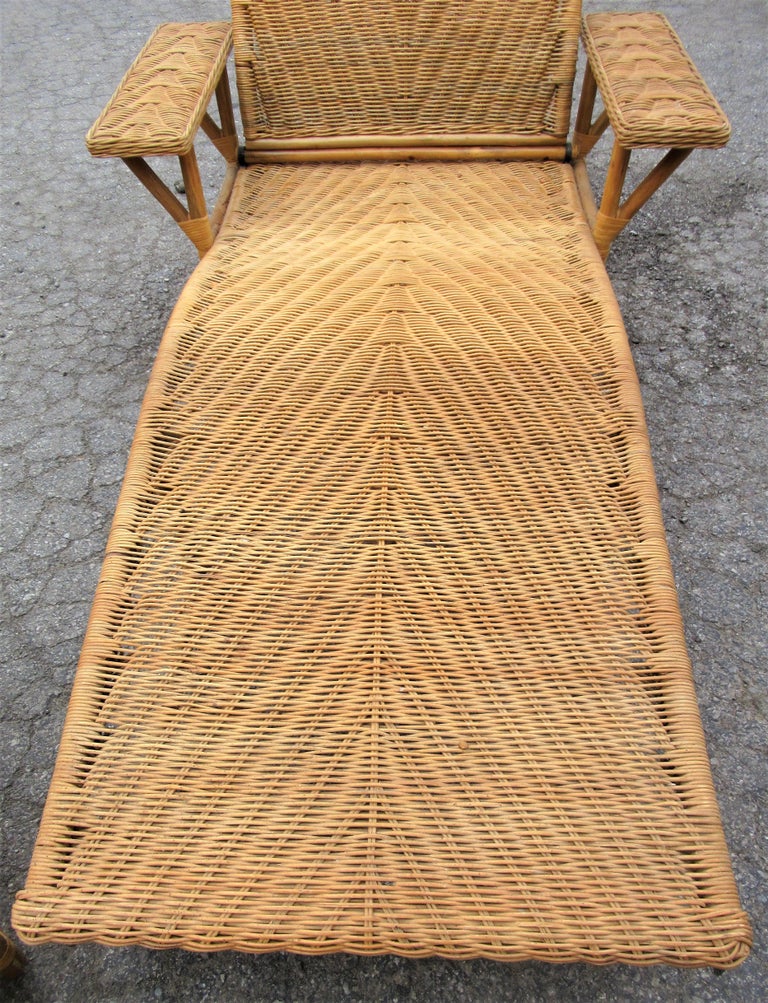 Pair of Wicker Rattan Paddle Arm Reclining Chaise Lounges at 1stDibs