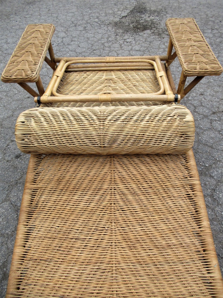 Pair of Wicker Rattan Paddle Arm Reclining Chaise Lounges at 1stDibs