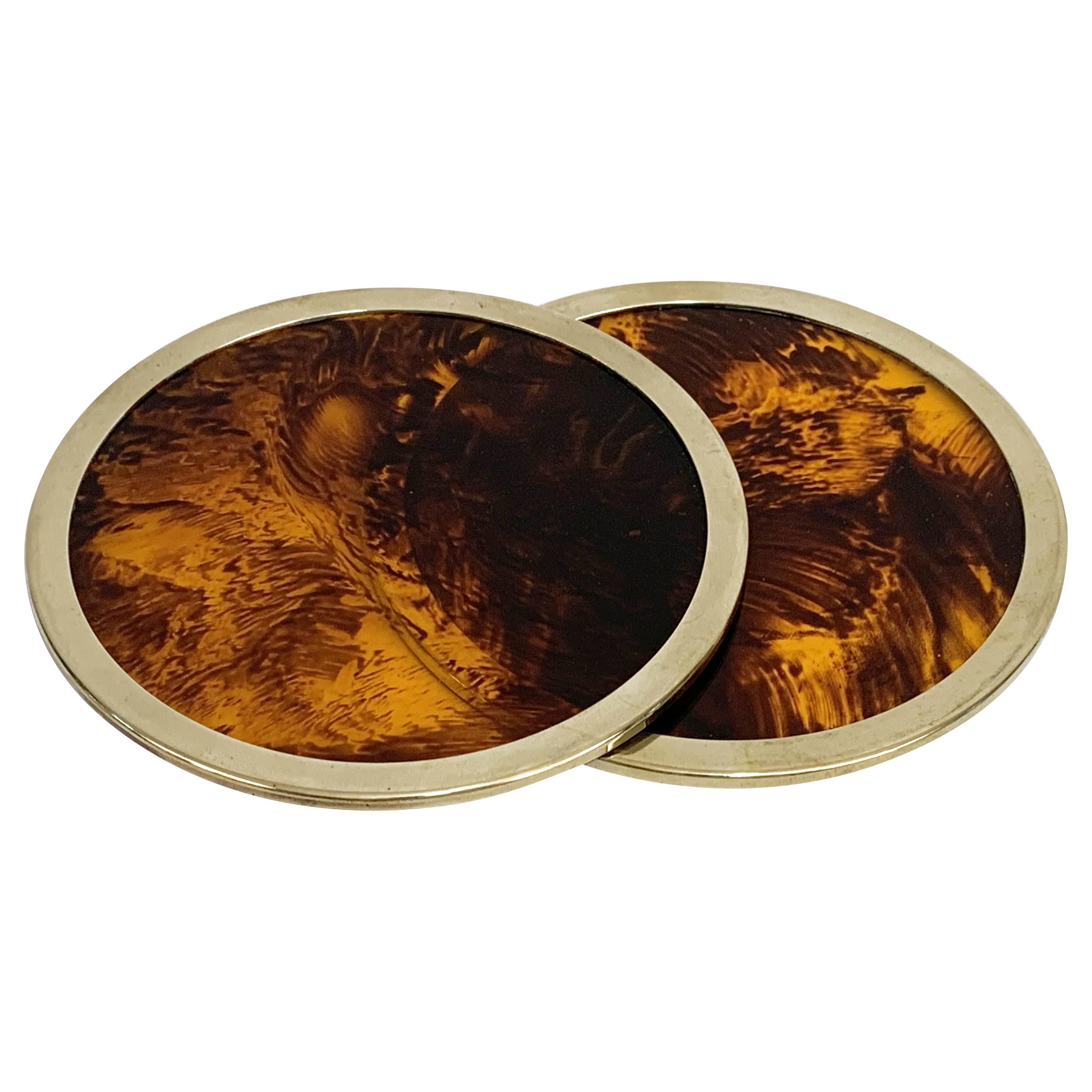 Pair of Willy Rizzo Tortoiseshell Plexiglass and Brass Italian Coasters ...
