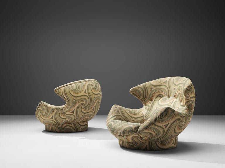 Pair of Winged Easy Chairs in Patterned Upholstery For Sale at 1stDibs
