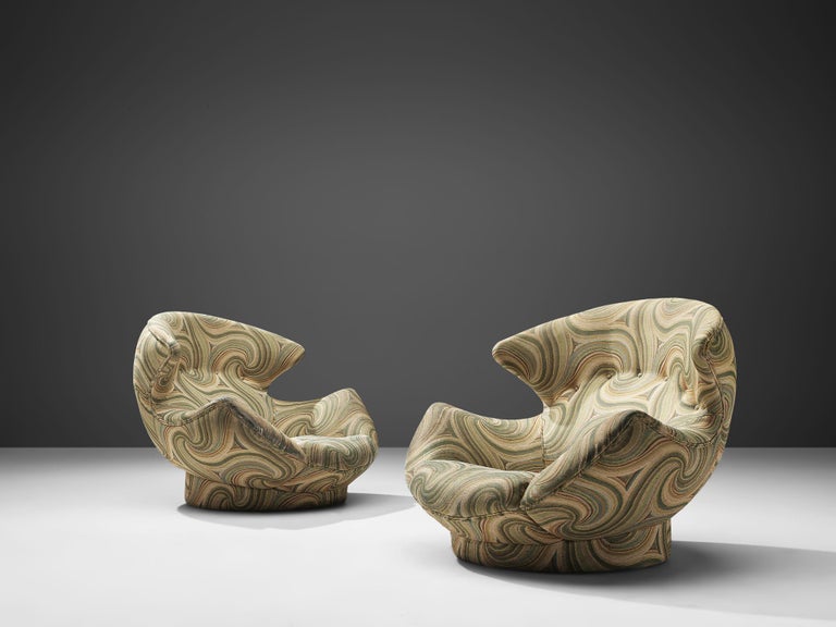 Pair of Winged Easy Chairs in Patterned Upholstery For Sale at 1stDibs
