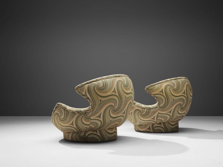 Pair of Winged Easy Chairs in Patterned Upholstery For Sale at 1stDibs