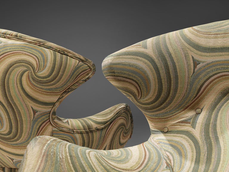 Pair of Winged Easy Chairs in Patterned Upholstery For Sale at 1stDibs