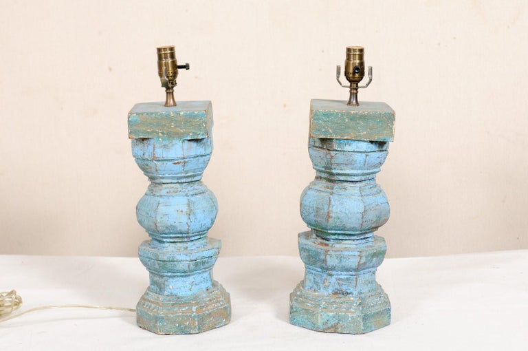Pair of Wood Column Table Lamps in Blue and Turquoise Hues For Sale at ...