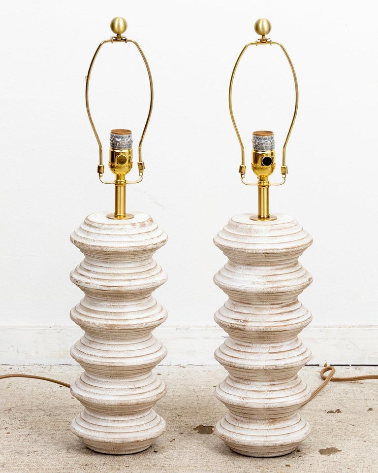 Pair of Wood Ring Turned Table Lamps For Sale at 1stDibs