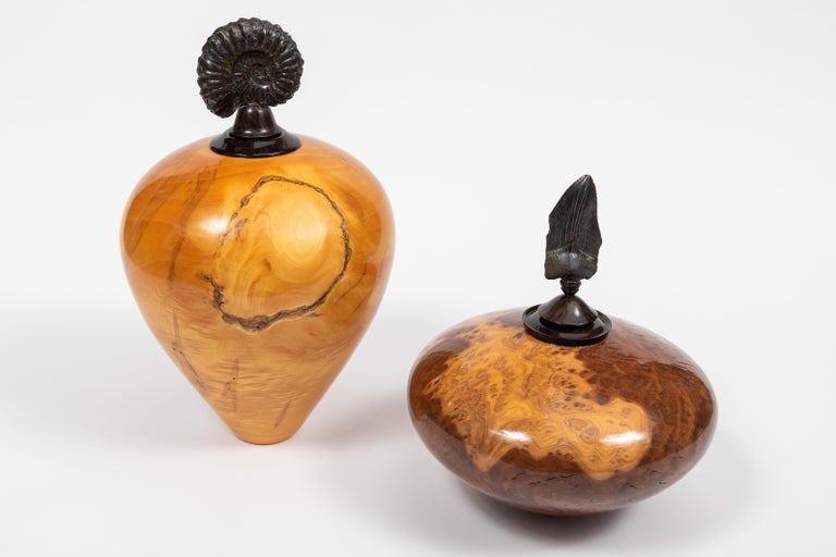 Pair of Wood Vessels with Fossil Stone Finials by Steven Potts at 1stDibs