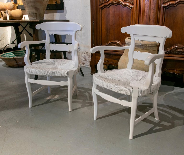 Pair of Wooden Armchairs with Handpainted Enea Seating For Sale at 1stDibs