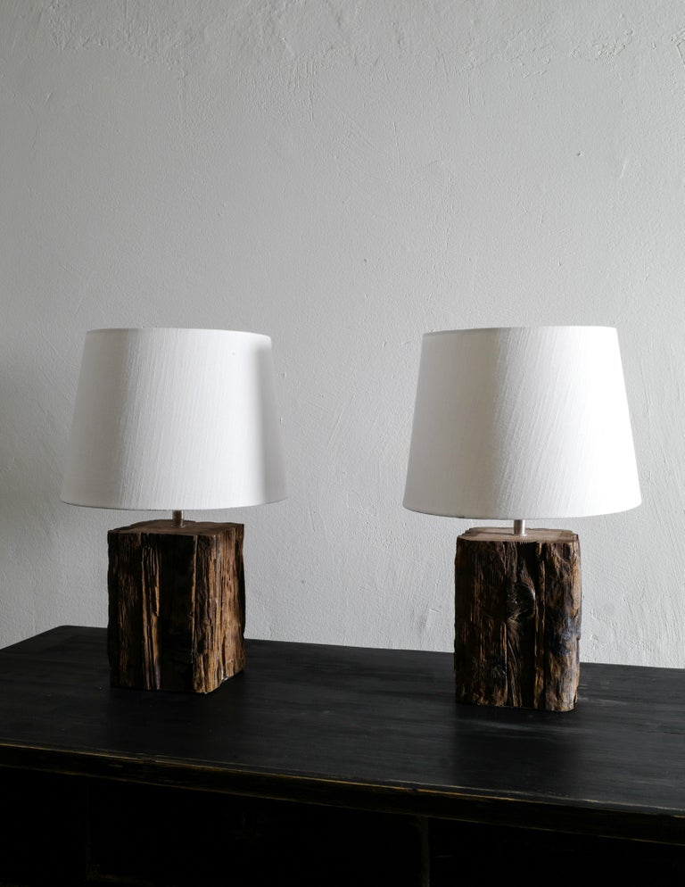Pair of Wooden Brutalist Table Lamps in a Primitive Style at 1stDibs