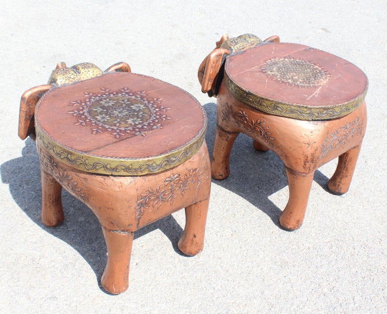 Pair of Wooden Hand-Carved Indian Low Stools Representing Elephants For ...