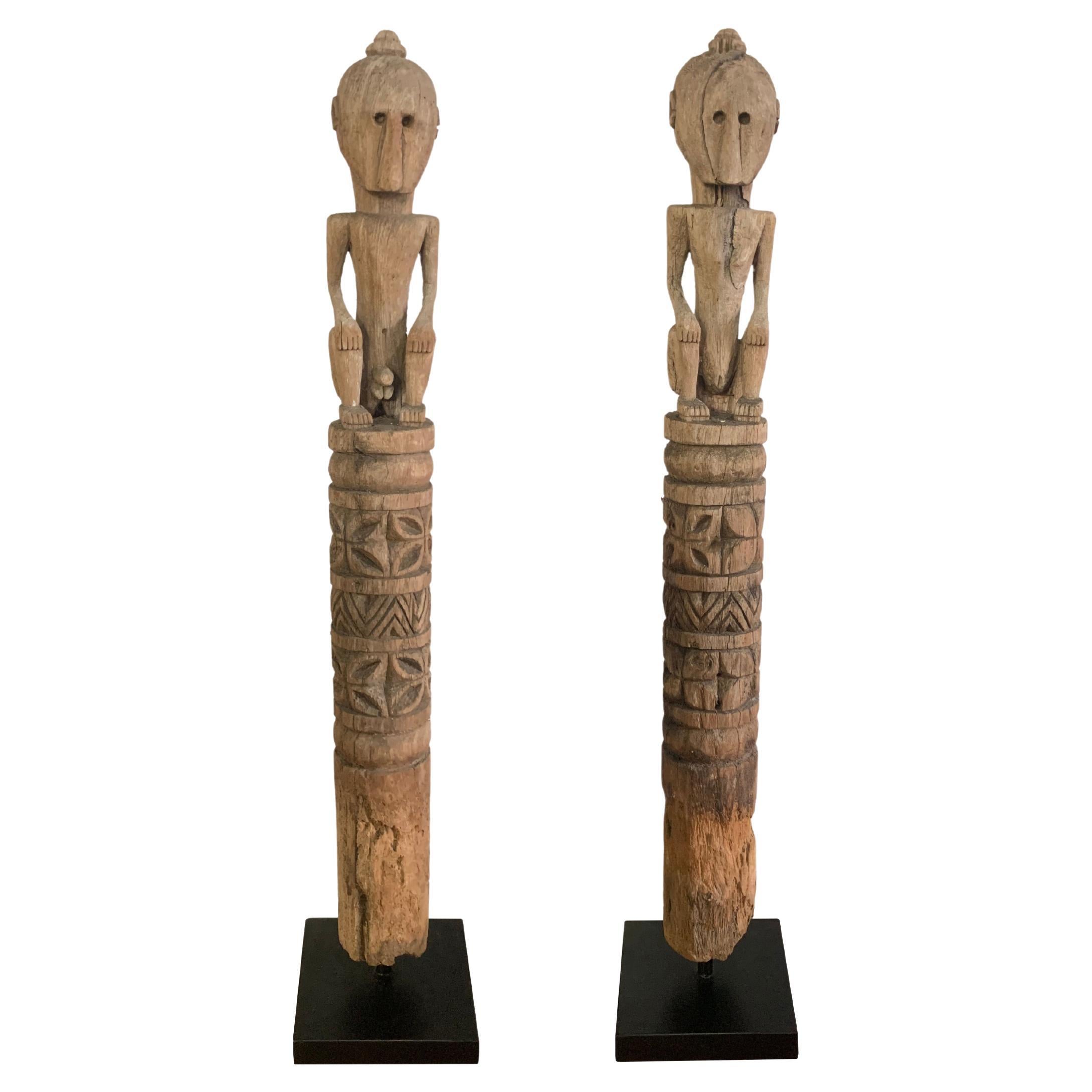 Pair of Wooden Tribal Sculpture / Carving of Ancestral Figures, Timor ...