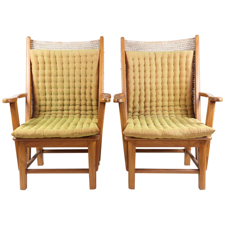 Pair of Woven Jute High Back Chairs with Cushions at 1stDibs