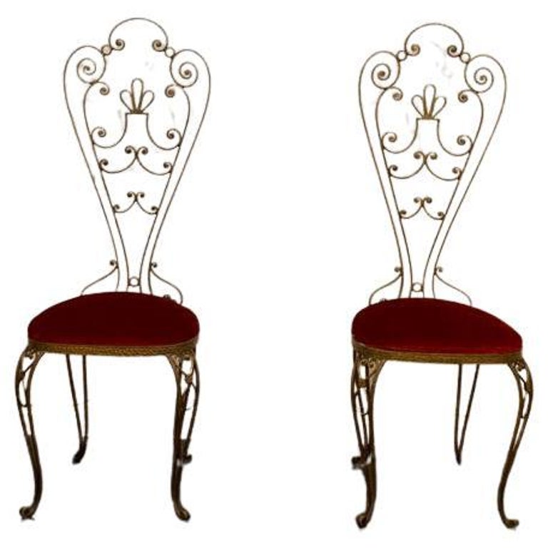 Pair of Wrought Iron Chairs with High Backrest, 50s For Sale at 1stDibs