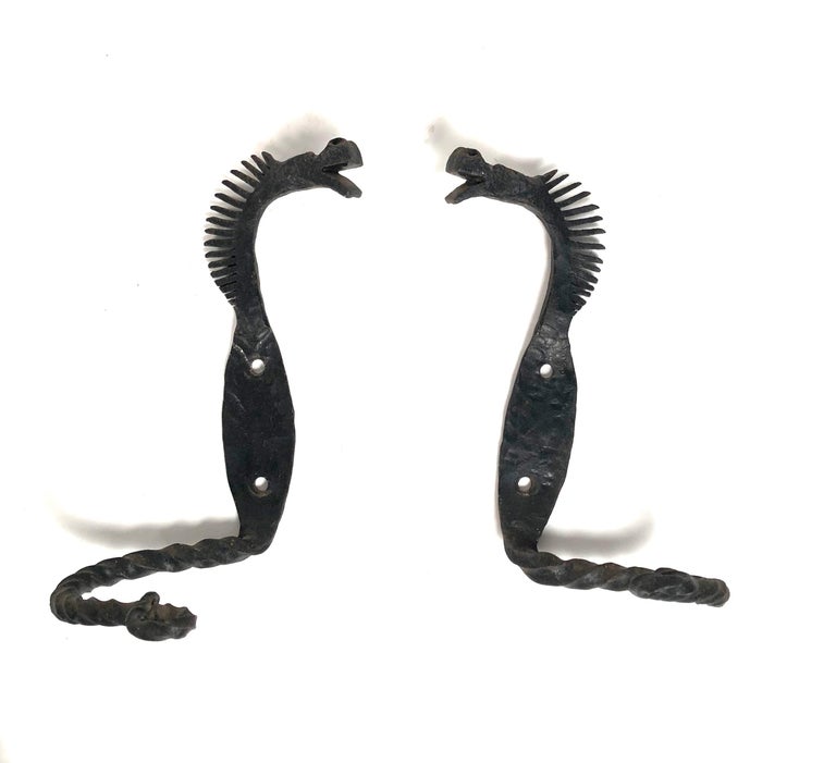 Pair of Wrought Iron Andirons with Fireplace Tools and Jamb Hooks at ...