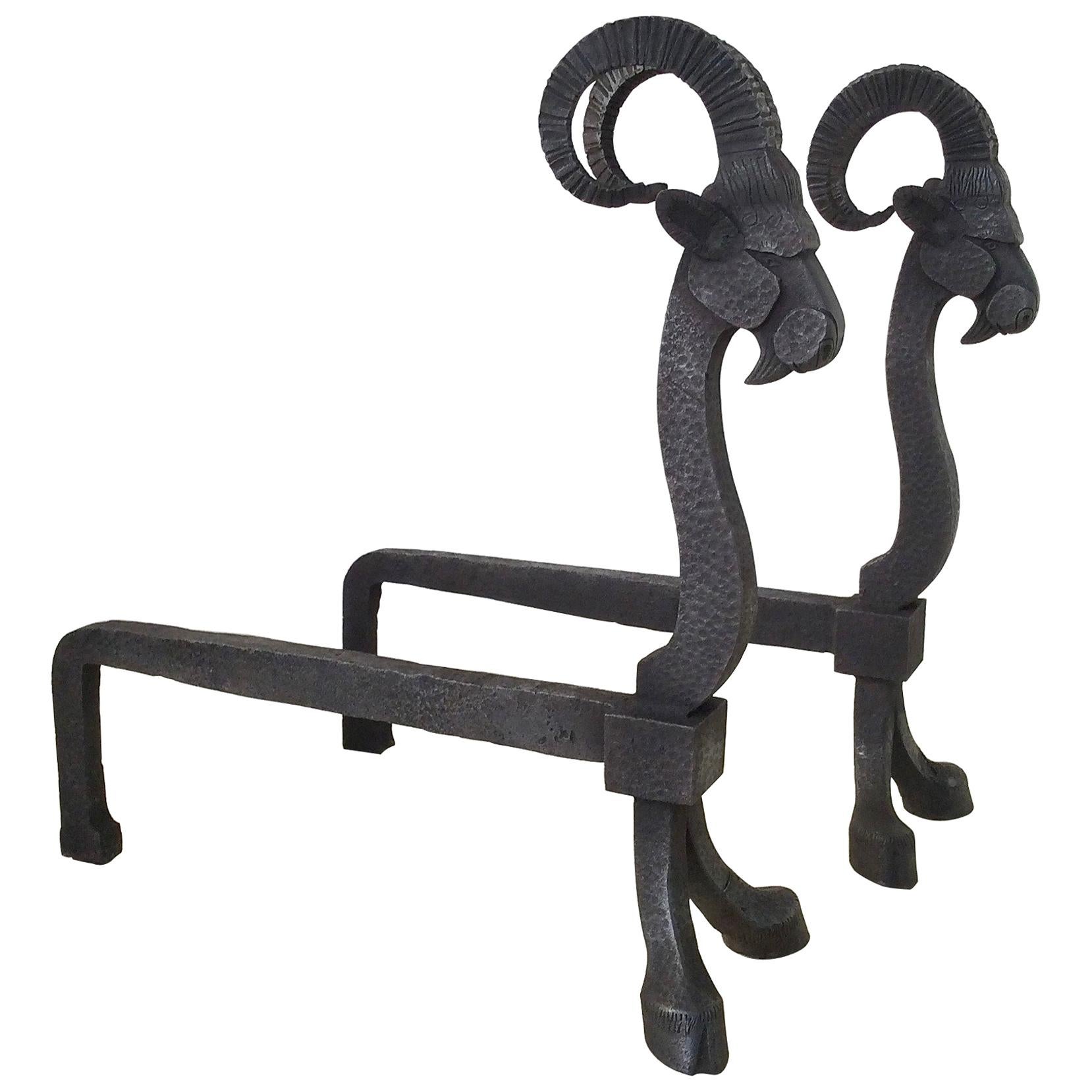 Pair of Wrought Iron Goat Andirons. at 1stDibs