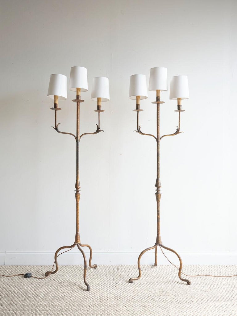 Pair of Wrought Iron Spanish Lamps with Linen Shades, circa 1950 For ...
