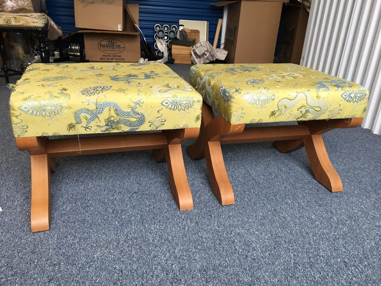 Pair of X-Base Stools in Silk Embroidered Fabric For Sale at 1stDibs