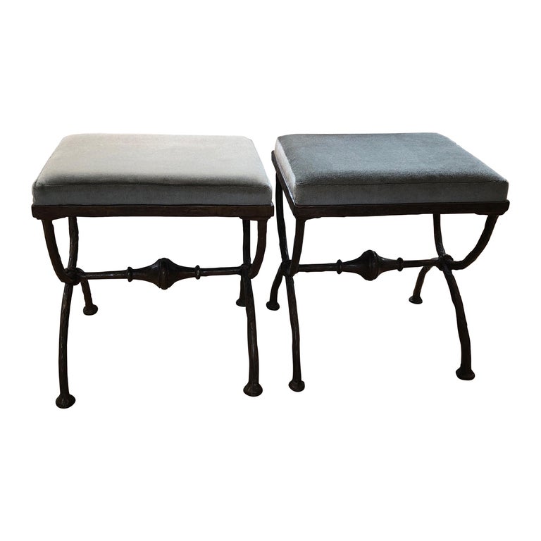 Pair of “X-Form” Ottoman or Stools, Mohair Upholstery, Style of ...