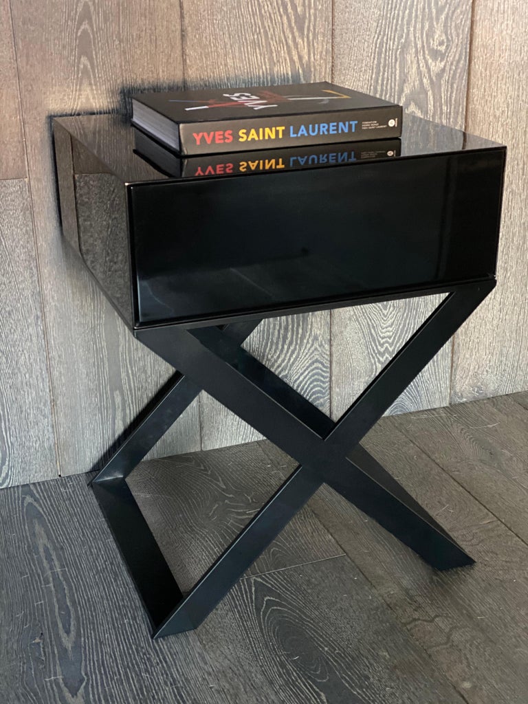 Pair of X-Leg Bedside Table in Black Lacquered and Black Steel Legs For ...