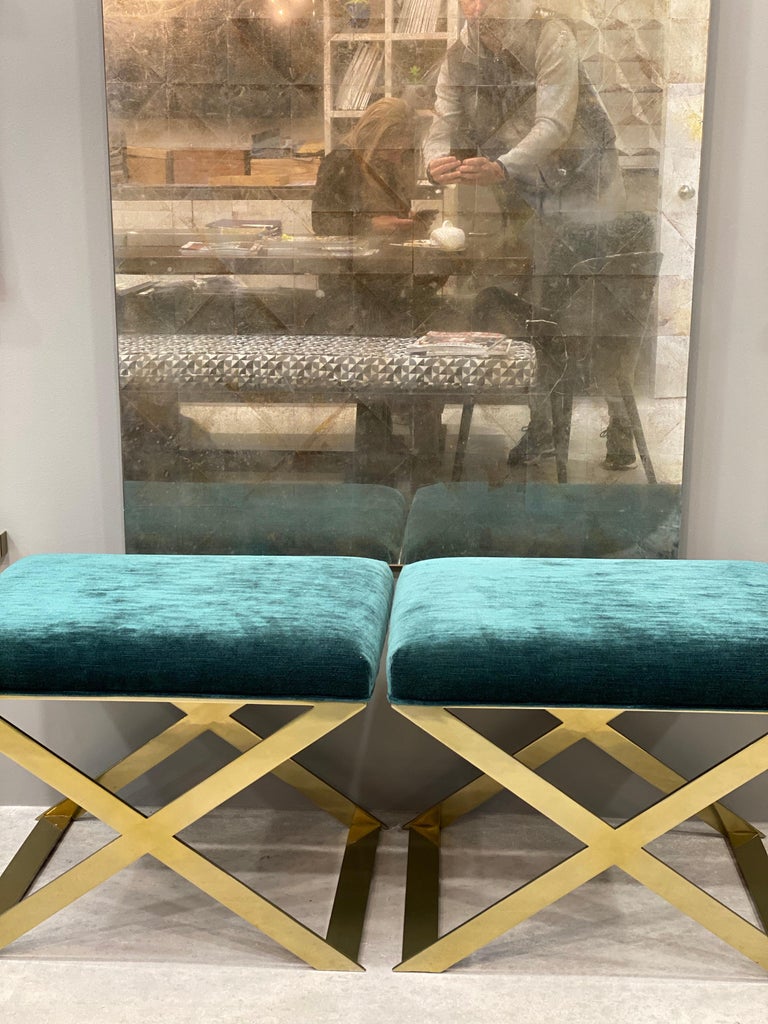 Pair of X-Leg Stool in Polished Brass and Teal Ribbed Velvet For Sale ...