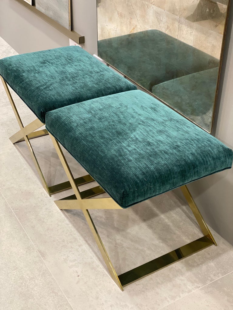Pair of X-Leg Stool in Polished Brass and Teal Ribbed Velvet For Sale ...