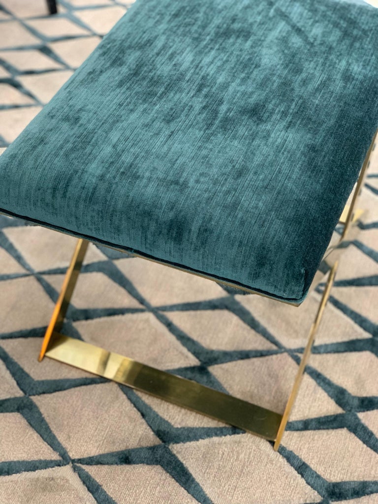 Pair of X-Leg Stool in Polished Brass and Teal Ribbed Velvet For Sale ...