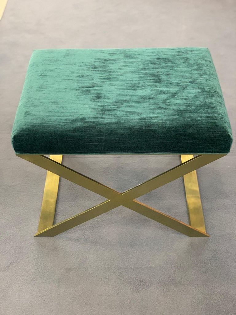 Pair of X-Leg Stool in Polished Brass and Teal Ribbed Velvet For Sale ...