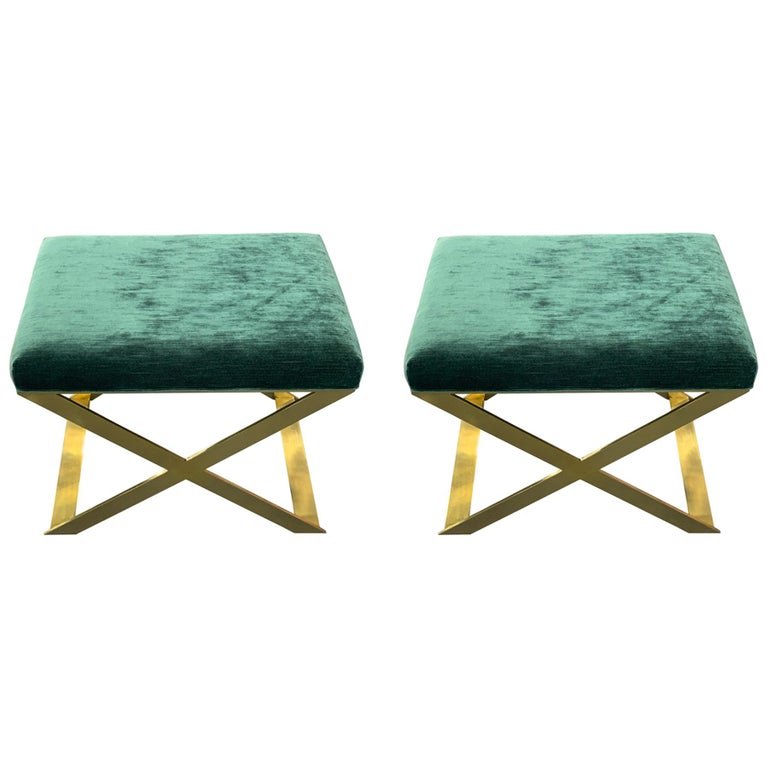 Pair of X-Leg Stool in Polished Brass and Teal Ribbed Velvet For Sale ...
