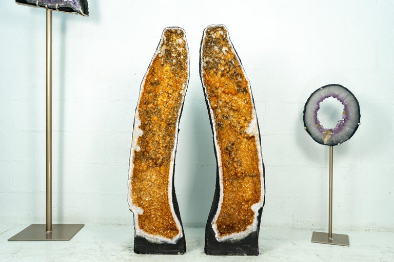 Pair of X-Tall Book-Matching Yellow Citrine Geodes with Calcite For ...