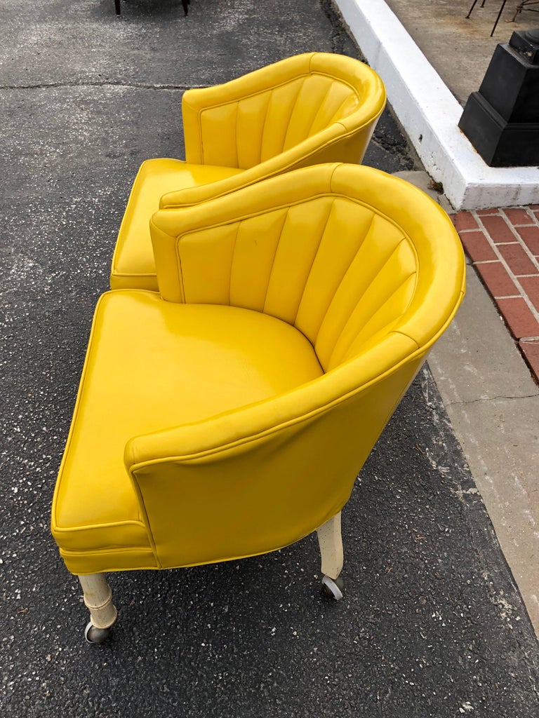 Pair of Bright Yellow Channel Back Chairs on Castors at 1stDibs