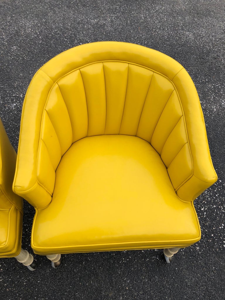 Pair of Bright Yellow Channel Back Chairs on Castors at 1stDibs