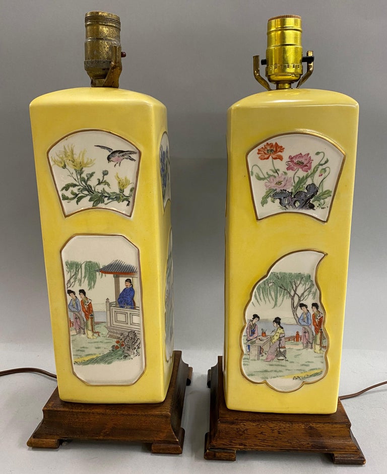 Pair of Yellow Chinese Porcelain Lamps with Traditional Raised Panels ...