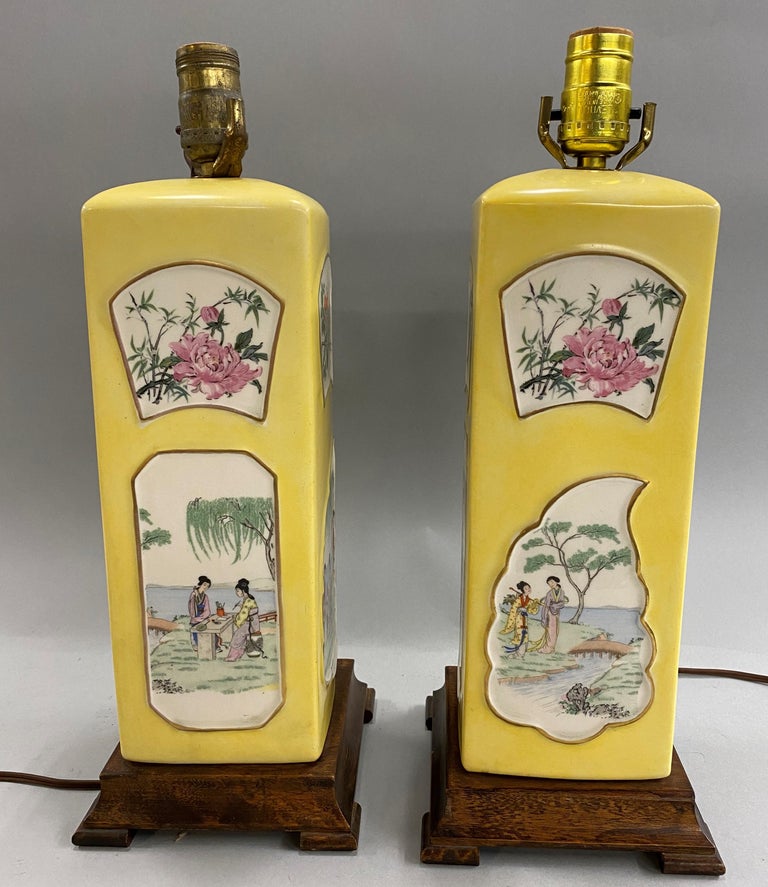 Pair of Yellow Chinese Porcelain Lamps with Traditional Raised Panels ...