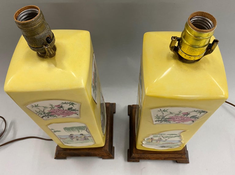 Pair of Yellow Chinese Porcelain Lamps with Traditional Raised Panels ...