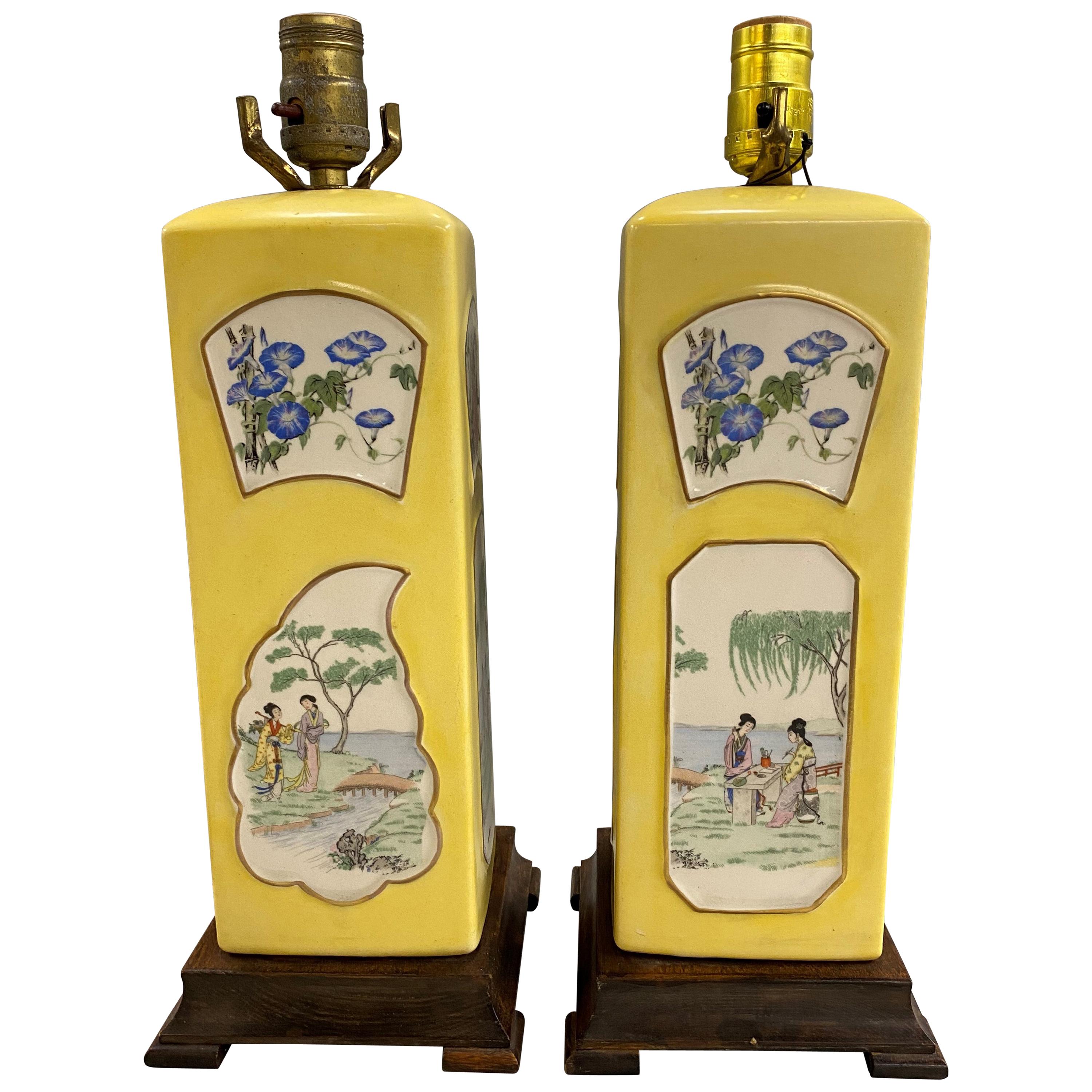 Pair of Yellow Chinese Porcelain Lamps with Traditional Raised Panels ...