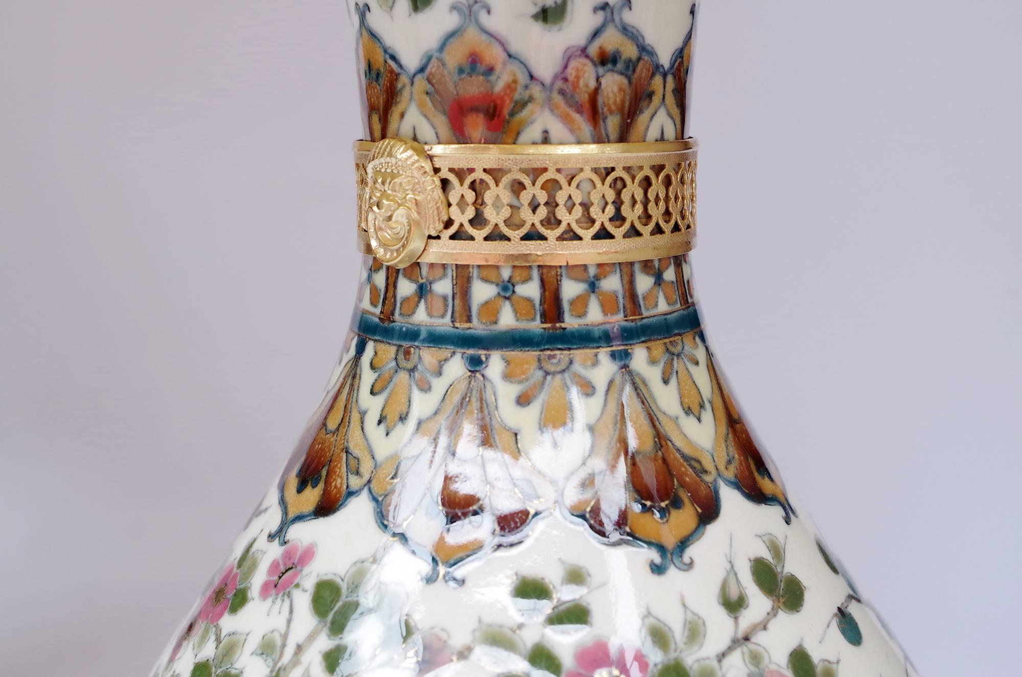 Pair of Zsolnay Porcelain Lamps, Cream Color and Birds Patterns, circa ...