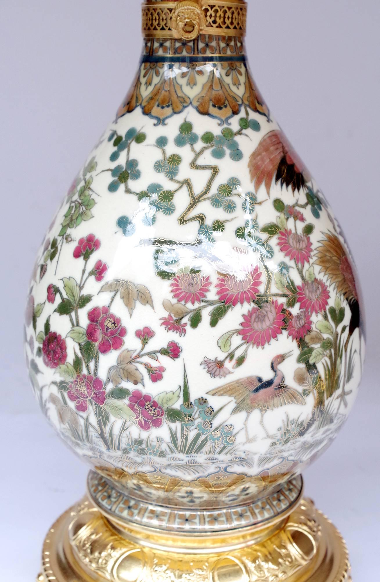 Pair of Zsolnay Porcelain Lamps, Cream Color and Birds Patterns, circa ...